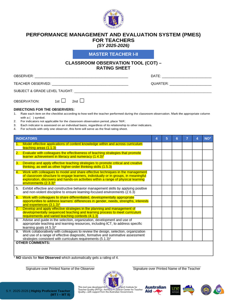 Cot Rating Sheet for Mt1 Mt2 | PDF | Teachers | Learning