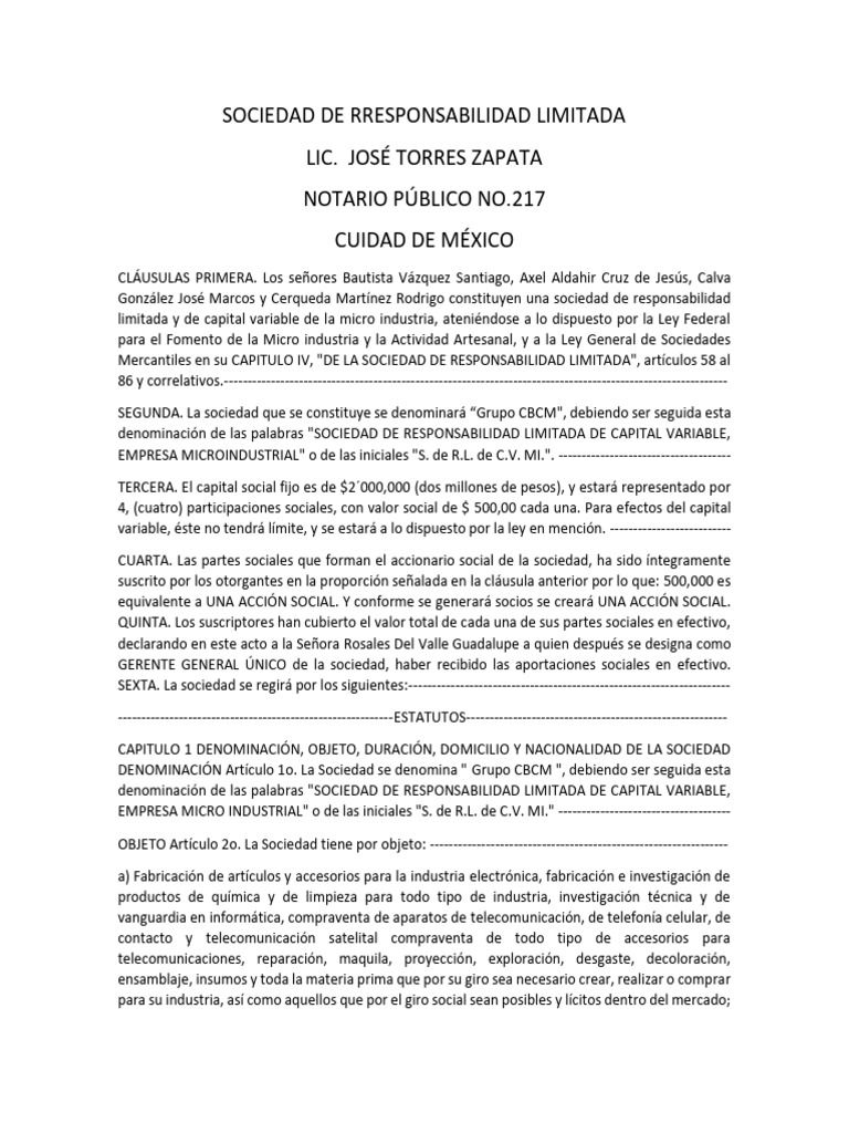 AHORA SI ACTA CONSTITUTIVA DE SOCIEDAD DE RESPONSABILIDAD LIMITADA CORREGIDA | PDF ...