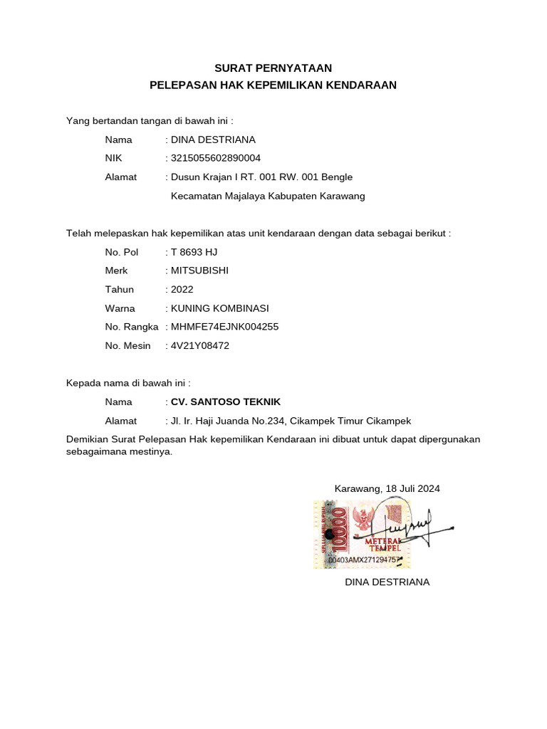 Surat Pelepasan Hak Kendaraan Mitsubishi | PDF