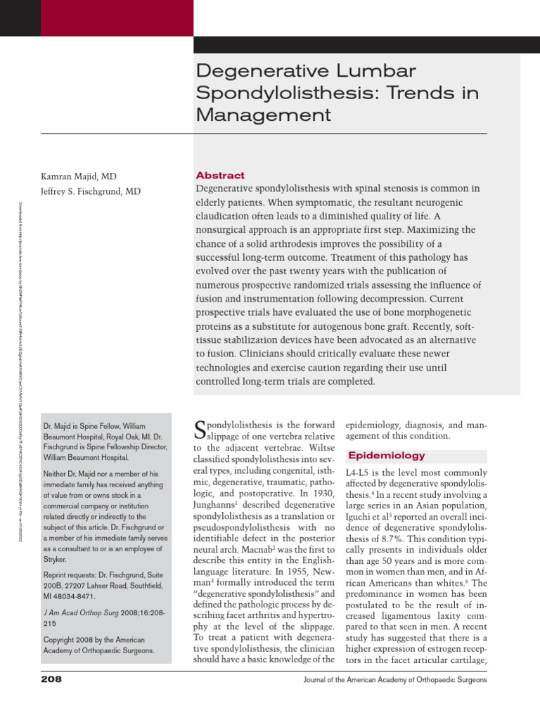 Degenerative Lumbar Spondylolisthesis Trends in Management JAAOS | PDF | Diseases And Disorders ...