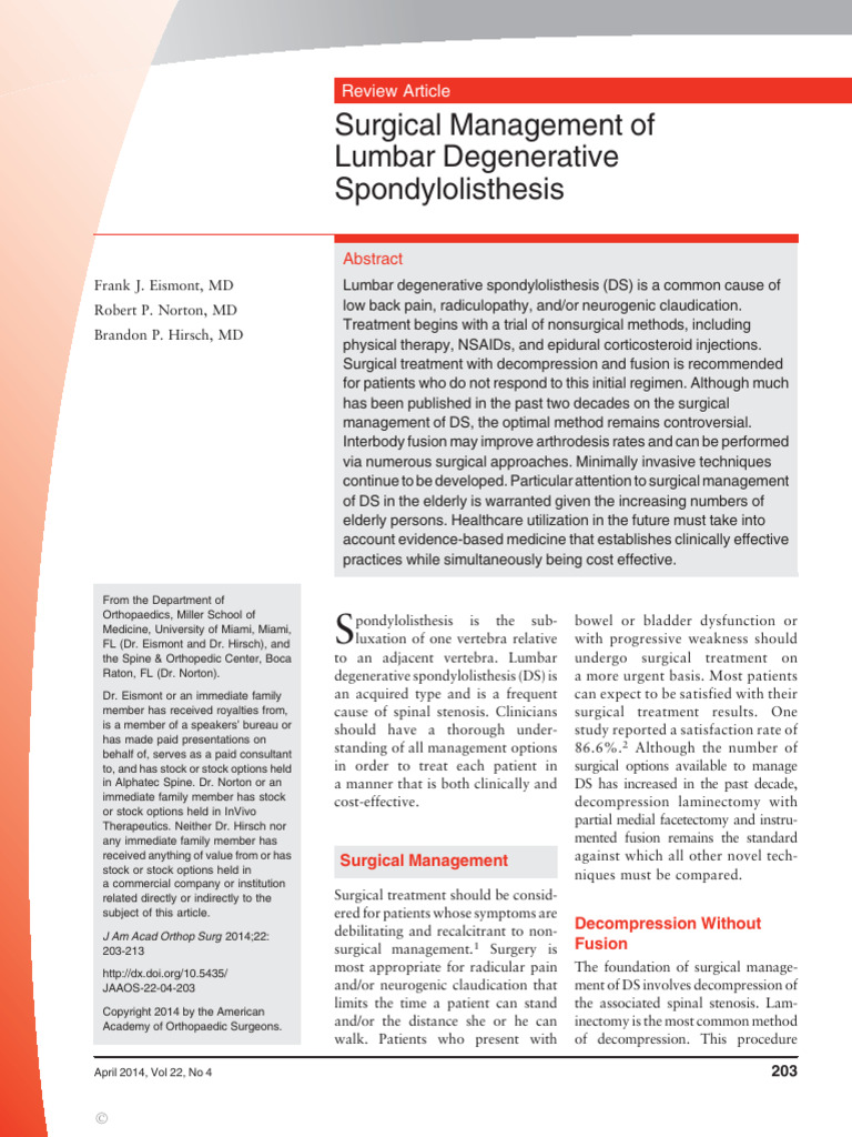 Surgical Management of Lumbar Degenerative Spondylolisthesis JAAOS | PDF | Back Pain | Medical ...