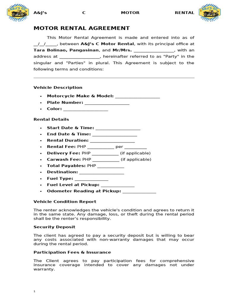 Motor Rental Agreement | PDF | Renting | Vehicles