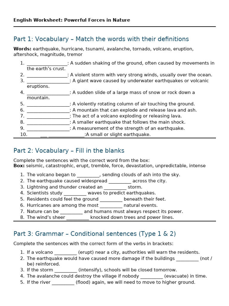 Nature's Powerful Forces Vocabulary Worksheet | PDF