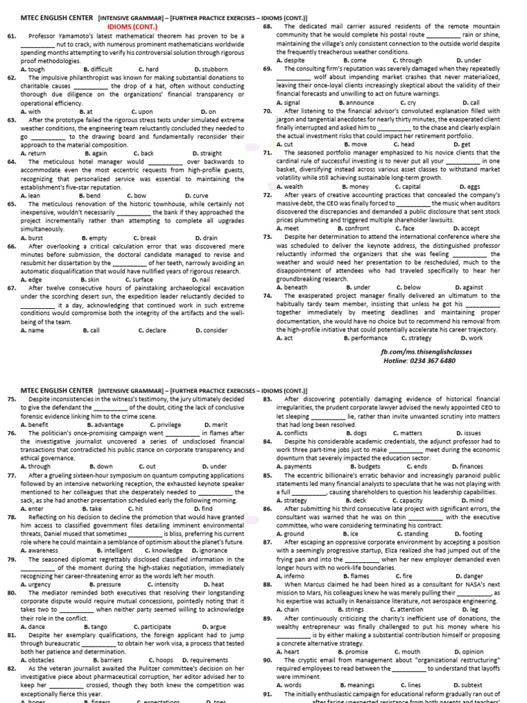 15 Bản - (Intensive Grammar) - (Further Practice Exercises - Idioms ...