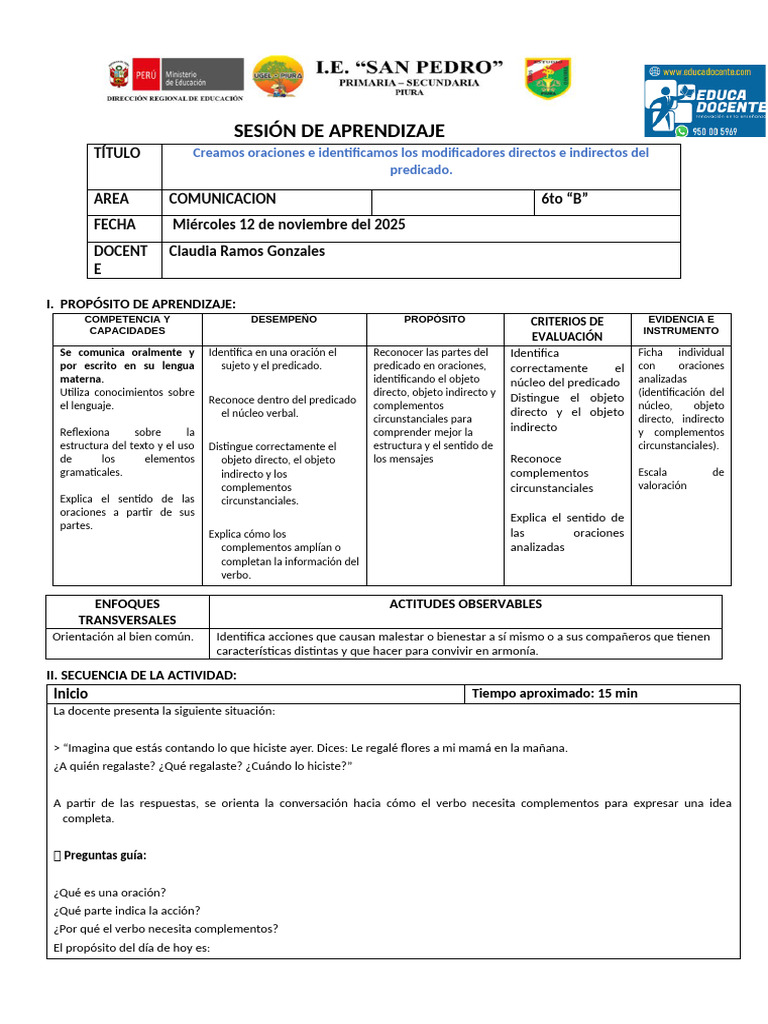 Creamos Oraciones e Identificamos Los Modificadores Directos e ...