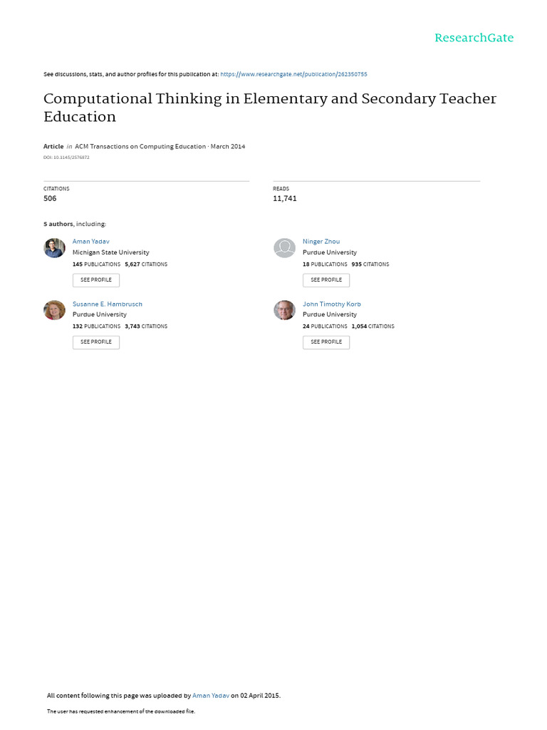 Computational Thinking in Elementary and Secondary Teacher | PDF ...