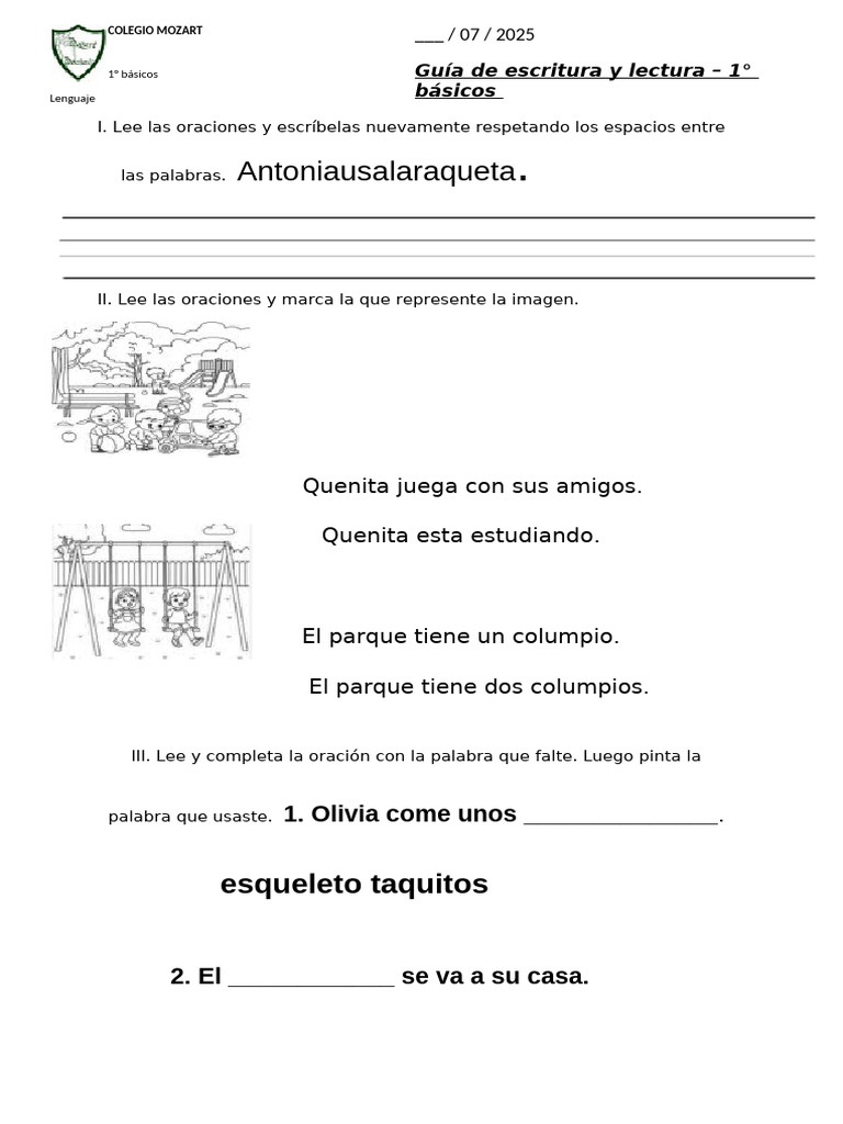 Guía de lectura y escritura N10 - 1° básico | PDF