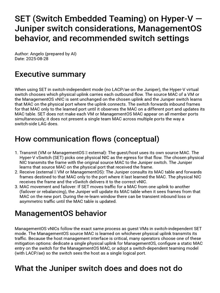 SET (Switch Embedded Teaming) On Hyper V - Juniper Switch Considerations, ManagementOS Behavior ...