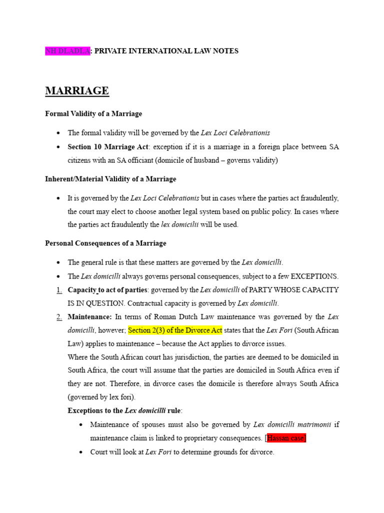 NH DLADLA Marriage Notes | PDF | Domicile (Law) | Divorce