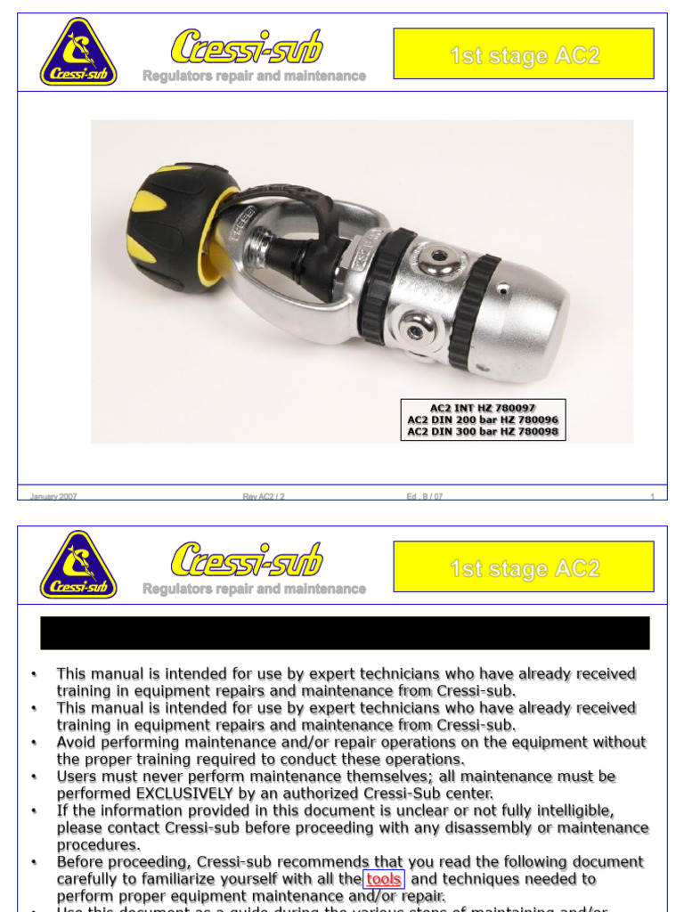 Cressi-Sub AC2 Regulator Maintenance Guide | PDF | Screw