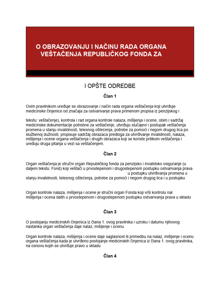 Pravilnik o Obrazovanju I Nacinu Rada Organa Vestacenja RF PIO-2019 | PDF