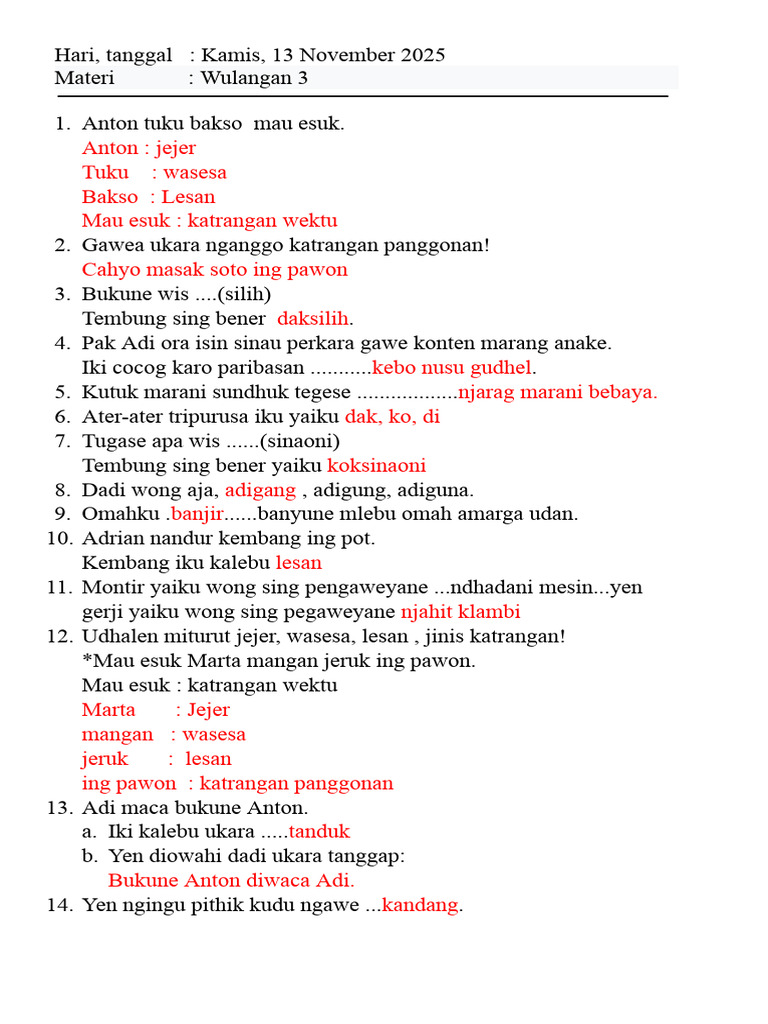 Latihan Bahasa Jawa Wul 3-4 | PDF