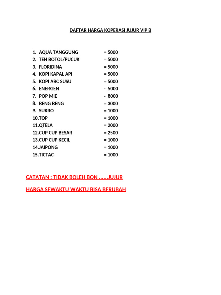 Daftar Harga Koperasi Jujur Vip b | PDF