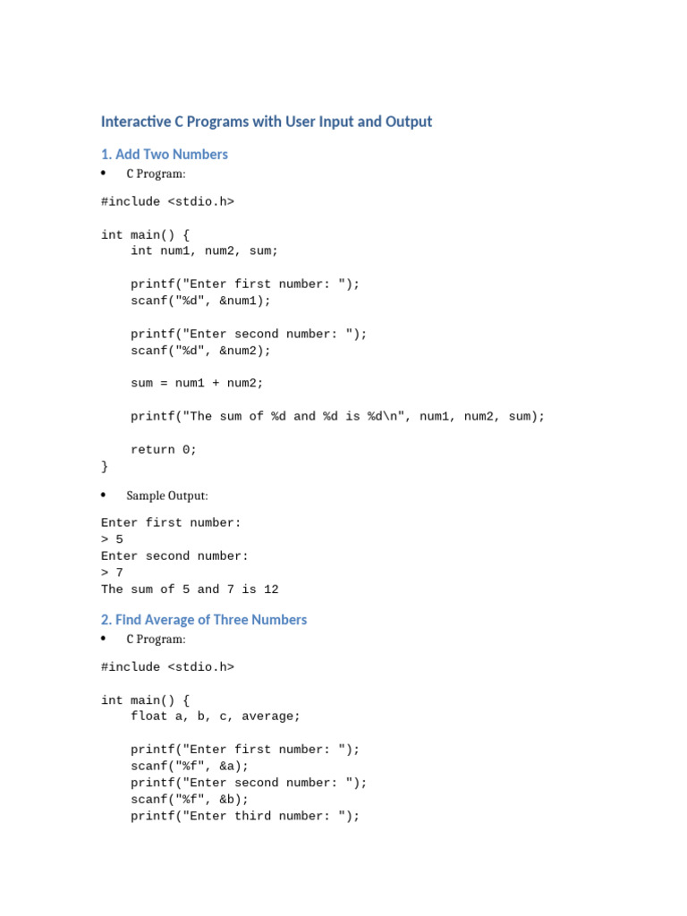 Interactive C Programs With User Input | PDF
