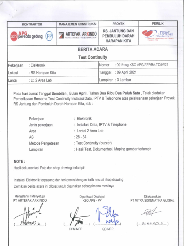 BA Test Continuity Data, IPTV, Telp Lantai 2 As 28-34 | PDF