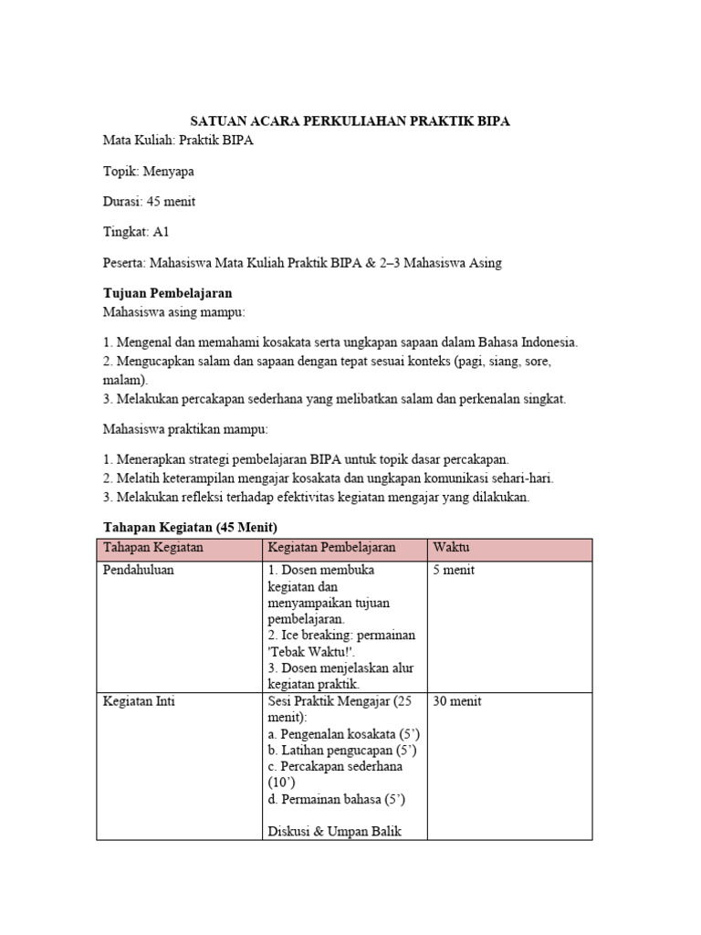 Indah Marcela Putri Sap Bipa Menyapa A1 | PDF