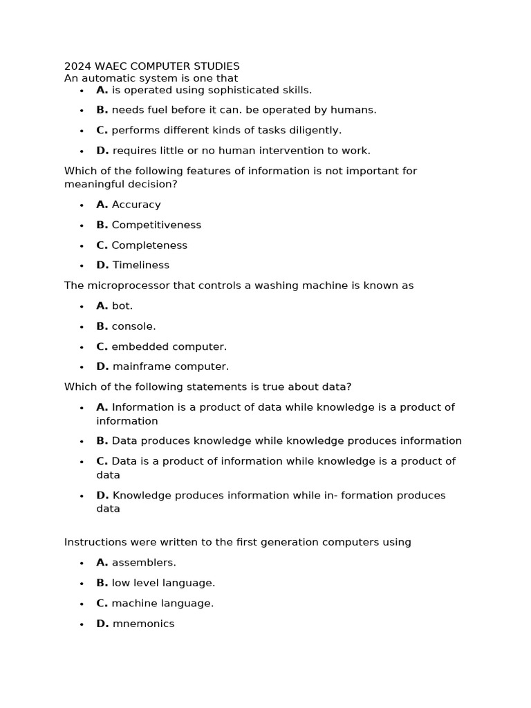 2024 Ict Waec | PDF | Input/Output | Computer Hardware