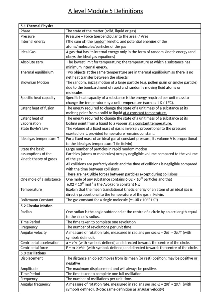 A Level Physics Module 5 Definitions | PDF | Gases | Stars