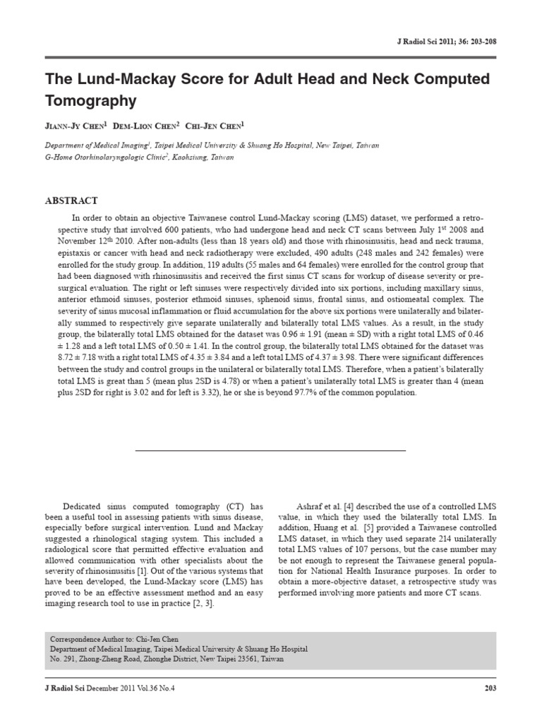 The Lund-Mackay Score For Adult Head and Neck Computed | PDF | Ct Scan ...