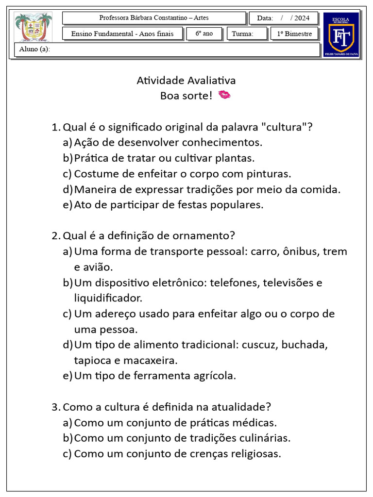 Questões sobre Cultura e Linguagem | PDF