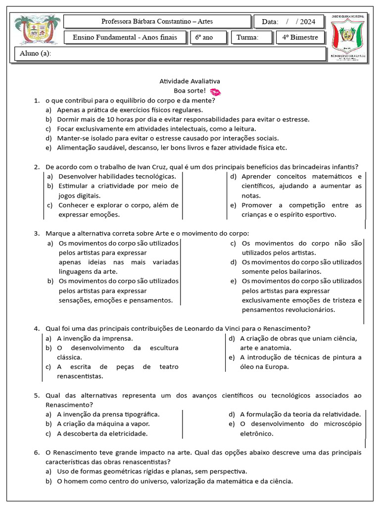 Questões sobre Arte e Renascimento | PDF | Renascimento | Corpo humano