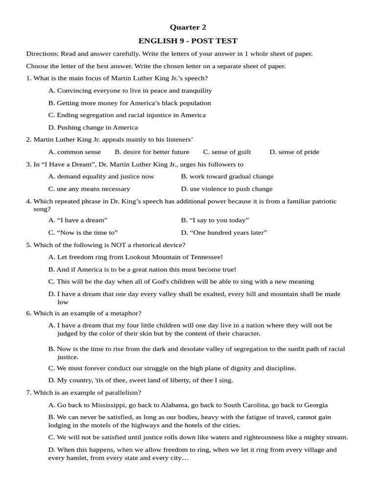 English 9 Post Test: MLK Speech Analysis | PDF | Martin Luther King Jr.