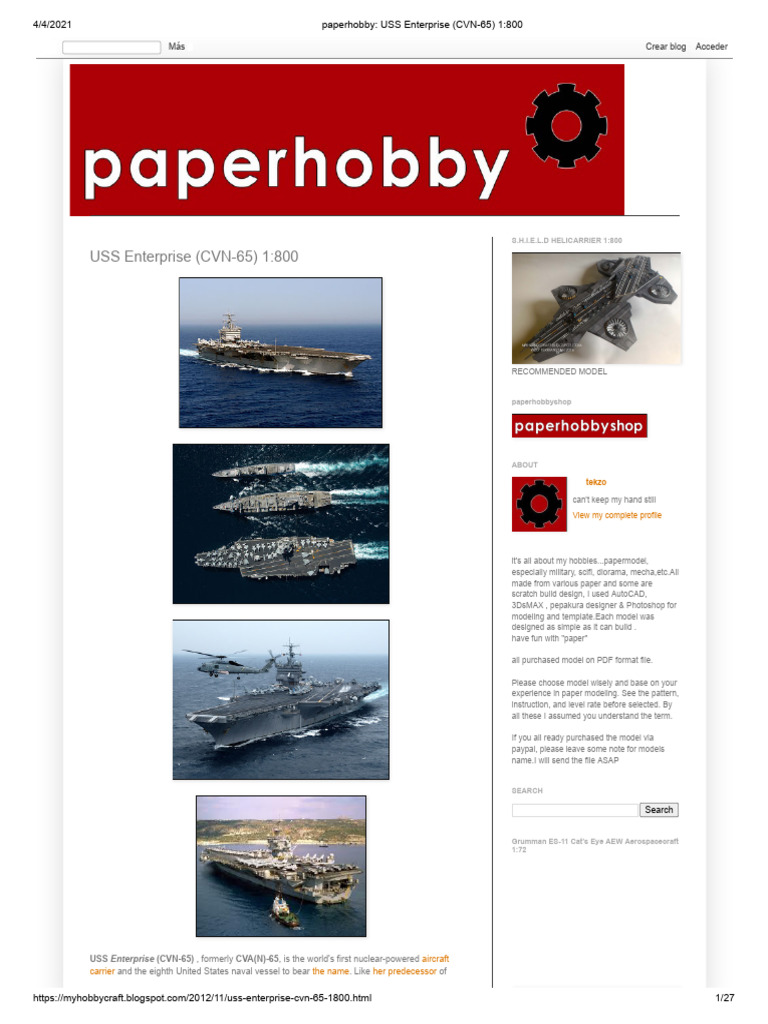 Paperhobby_ USS Enterprise (CVN-65) 1_800 | PDF | Imperial Japanese Navy | Aircraft Carrier