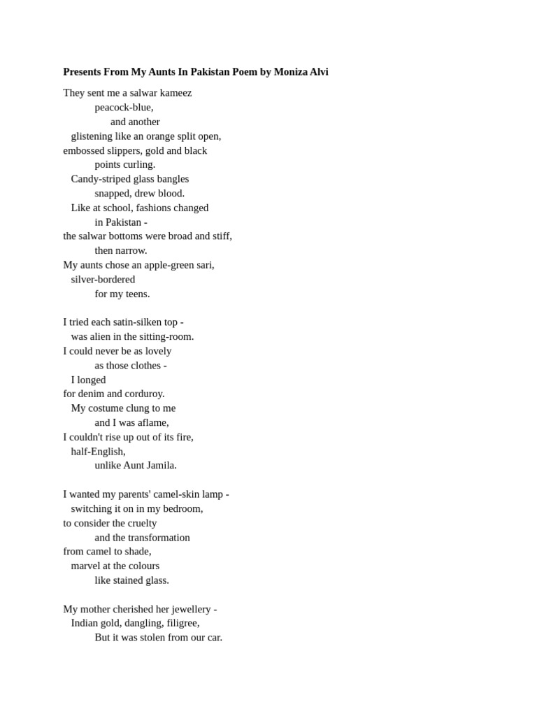 Moniza Alvi's "Presents" Poem Analysis | PDF