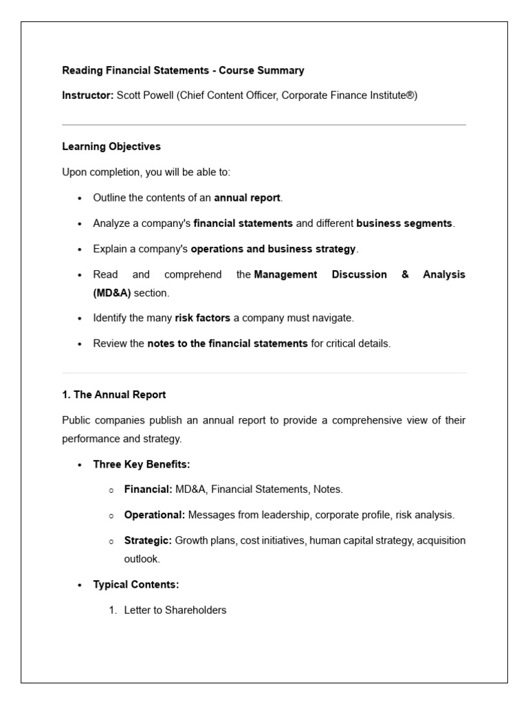 Financial Statement Analysis Course Summary | PDF | Equity (Finance ...