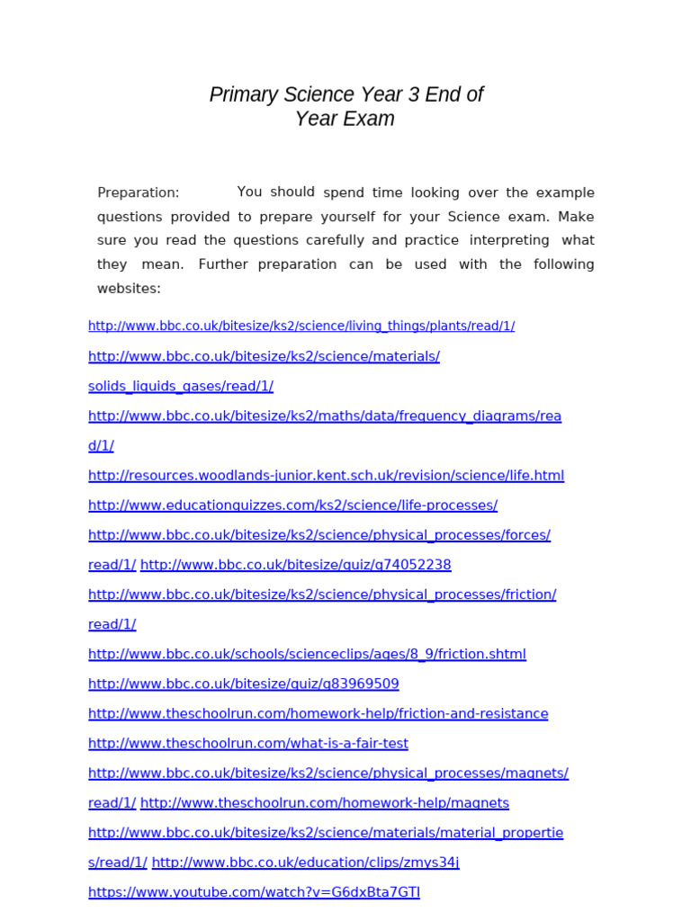 Year 3 End of Year Exam Scope - Science | PDF | Seed | Force