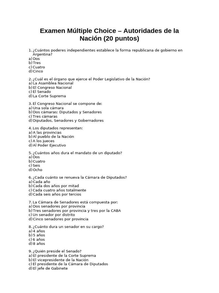 Examen Multiple Choice Autoridades de La Nacion | PDF | Legislador | El ...