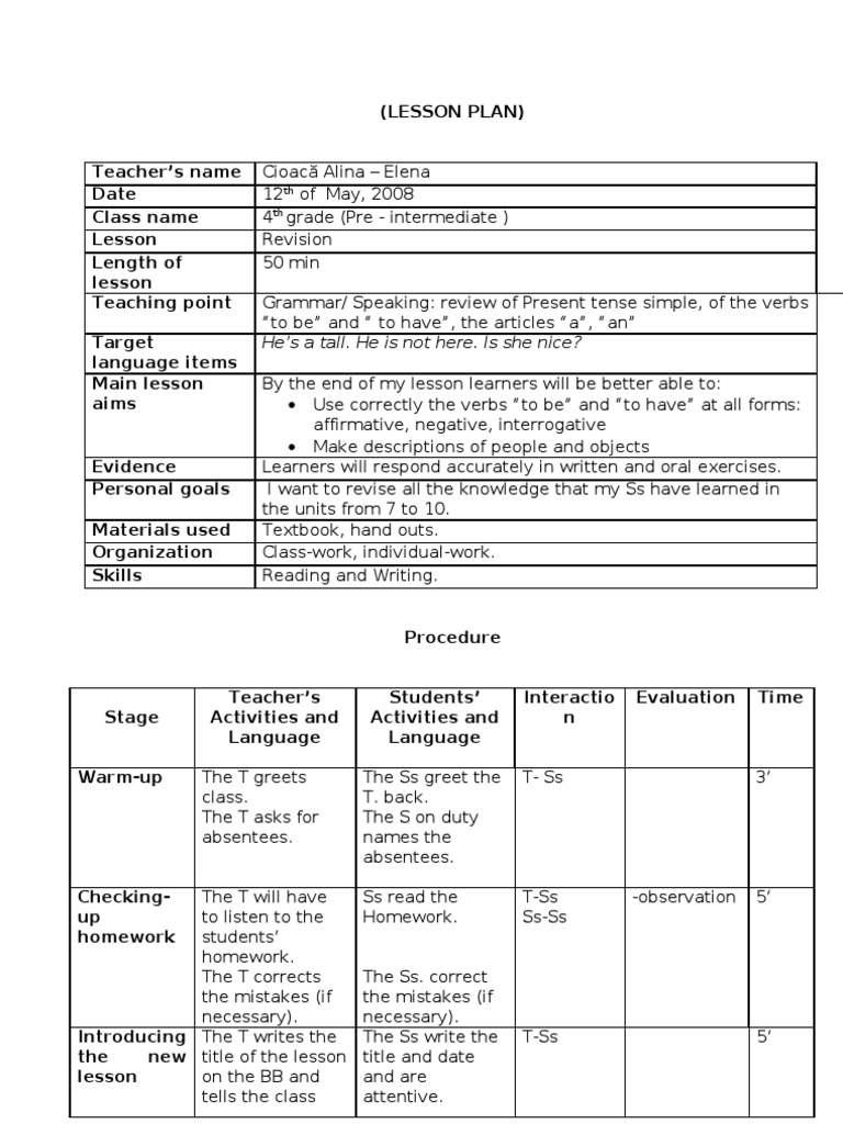 Lesson Plan Cls 4 | PDF | Homework | Lesson Plan