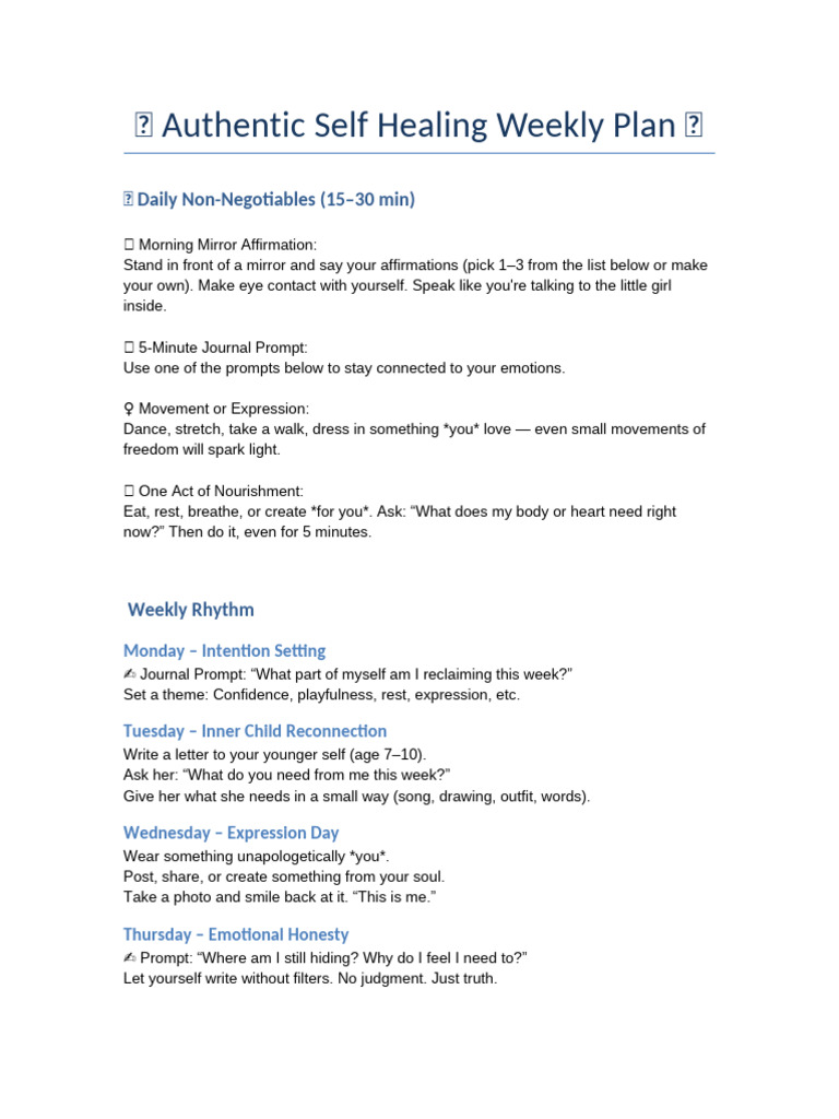 Authentic Self Healing Weekly Plan | PDF