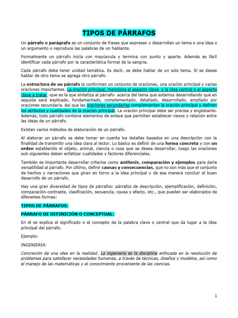 Tipos de Parrafos | PDF | Sicología | Oración (Lingüística)