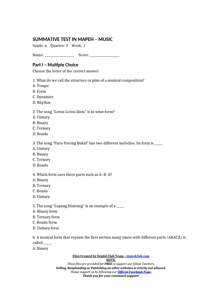 Grade 6 MAPEH Music Summative Test | PDF | Musical Forms | Music Theory