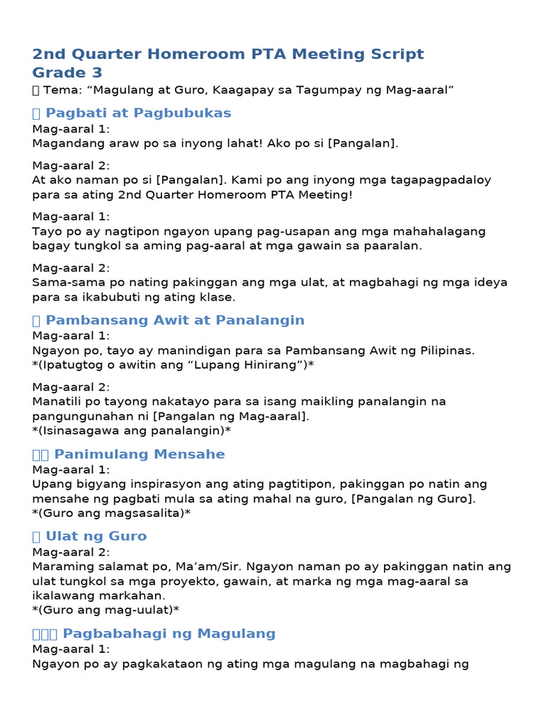 Grade 3 2nd Quarter Homeroom PTA Meeting Script | PDF