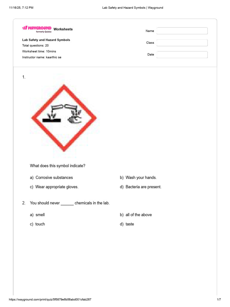 Lab Safety Symbols Worksheet Quiz | PDF | Hazards | Laboratories