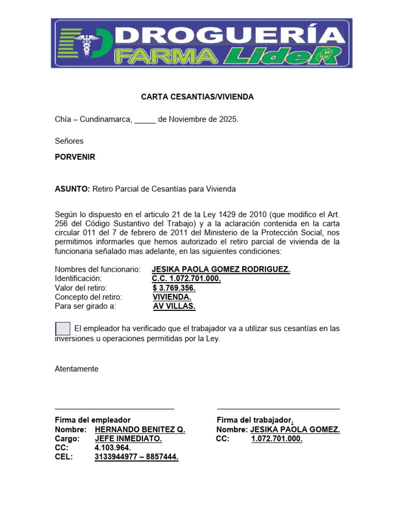 Carta de Cesantias Jesika Paola Gomez Rodriguez | PDF