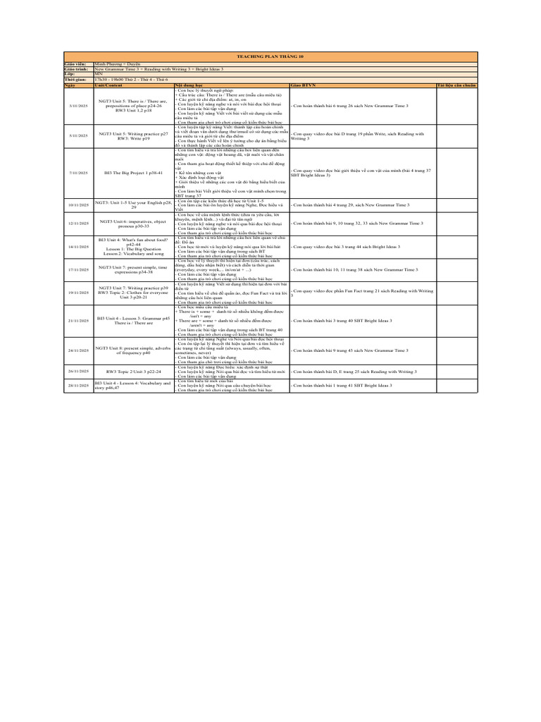 Teaching Plan Off Tháng 11.Xlsx - k1 | PDF
