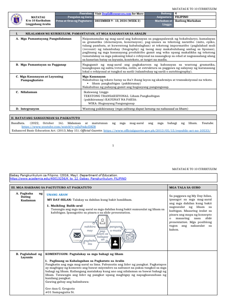 Dll Matatag _filipino 4 q3 w2 (4) | PDF