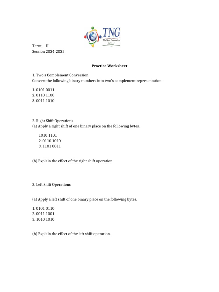 Twos Complement Shift Practice Worksheet | PDF