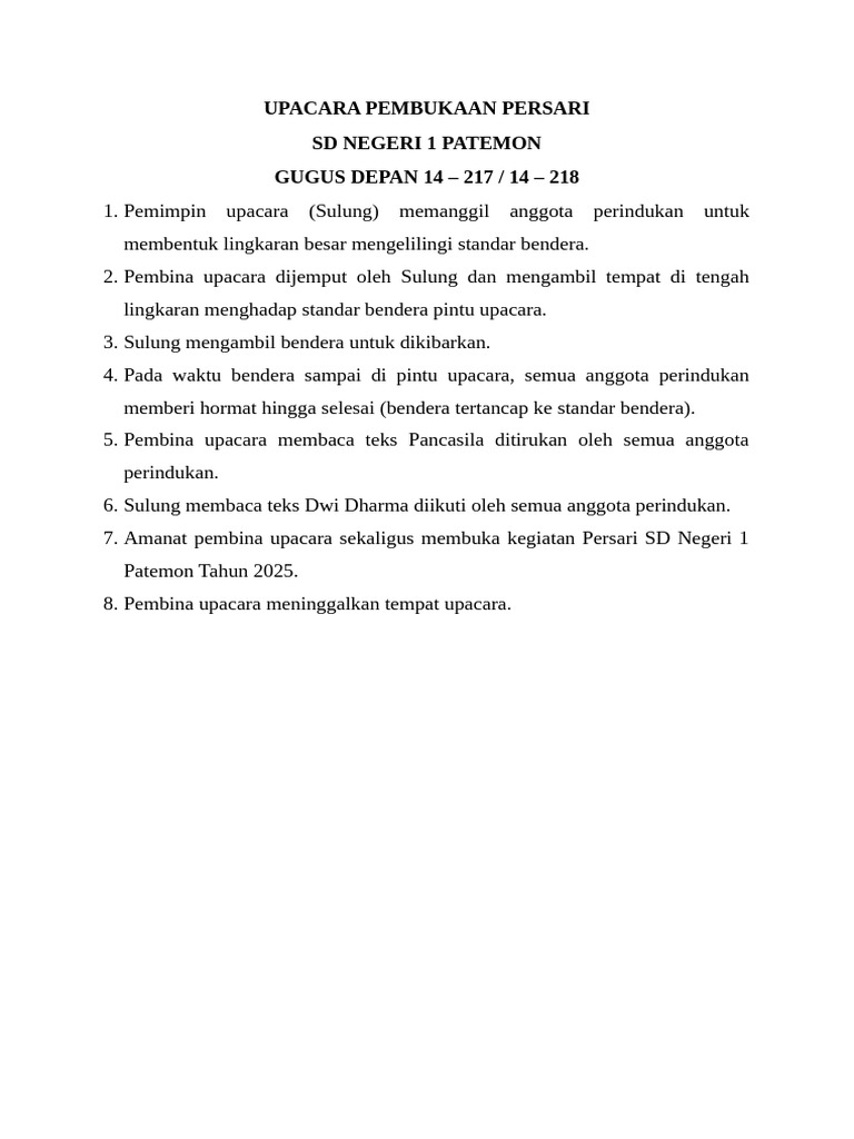 Upacara Pembukaan Persari SD Patemon | PDF