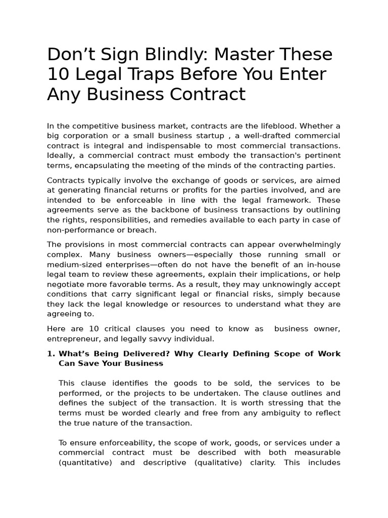 Don’t Sign Blindly- Master These 10 Legal Traps Before You Enter Any Business Contract | PDF ...