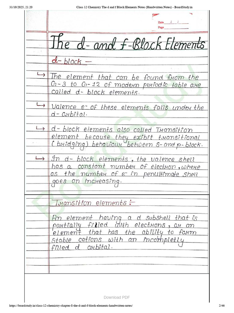 Class 12 d and f Block Chemistry Notes | PDF | Sets Of Chemical ...