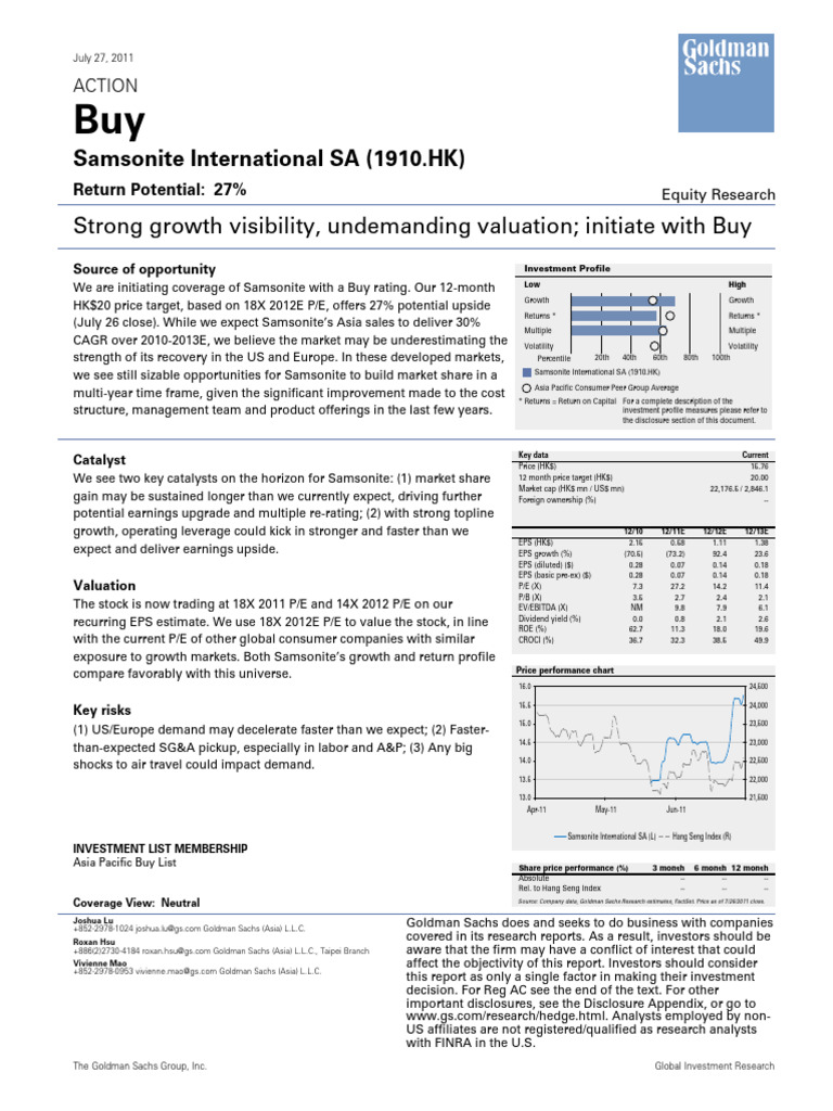 Samsonite Investment Analysis Report | PDF | Investing | Private Sector
