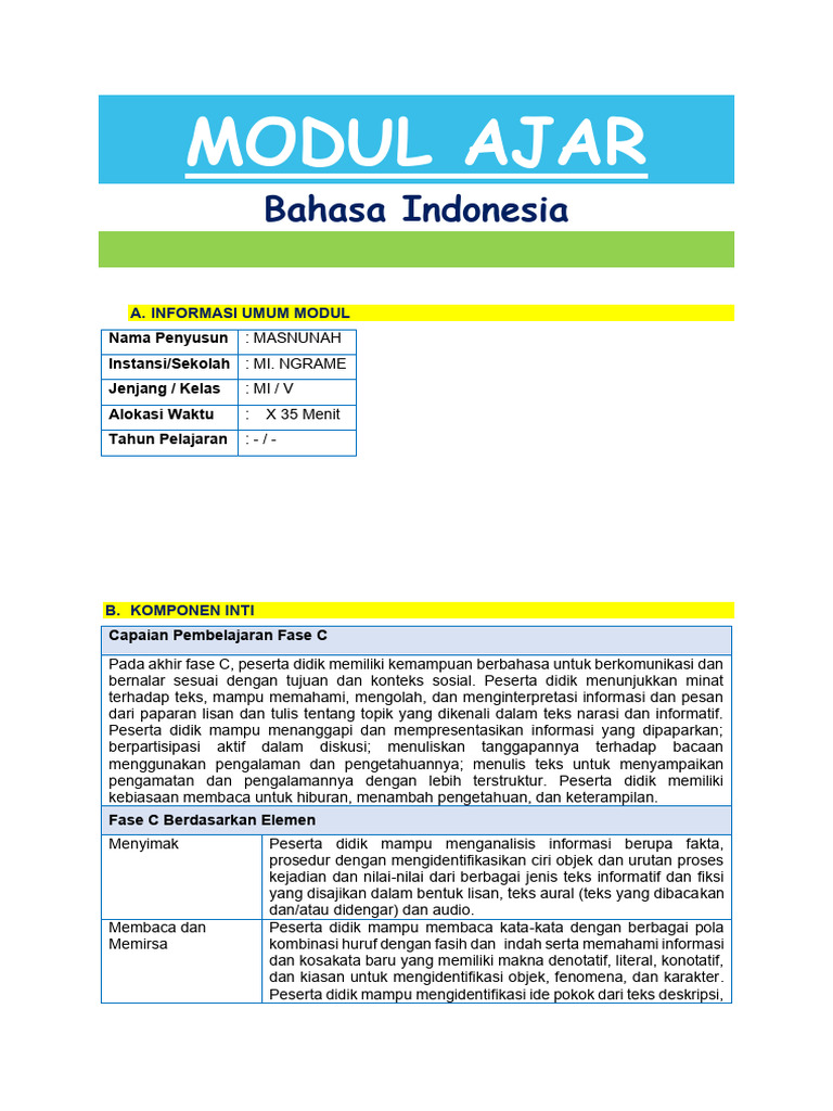 Modul Ajar b.indo Kls 5 | PDF