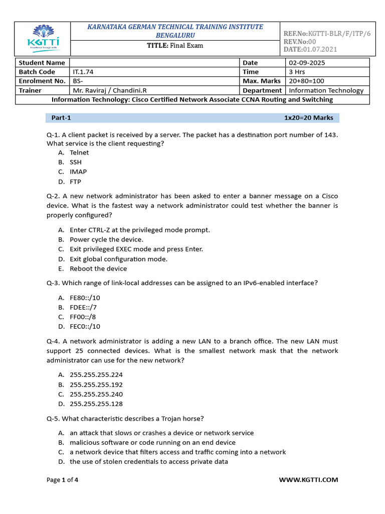 KGTTI CCNA Final Exam Questions | PDF | Ip Address | Internet Protocols