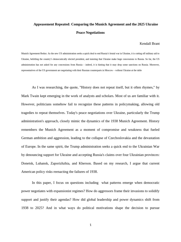 Appeasement Repeated Comparing The Munich Agreement and The 2025 ...