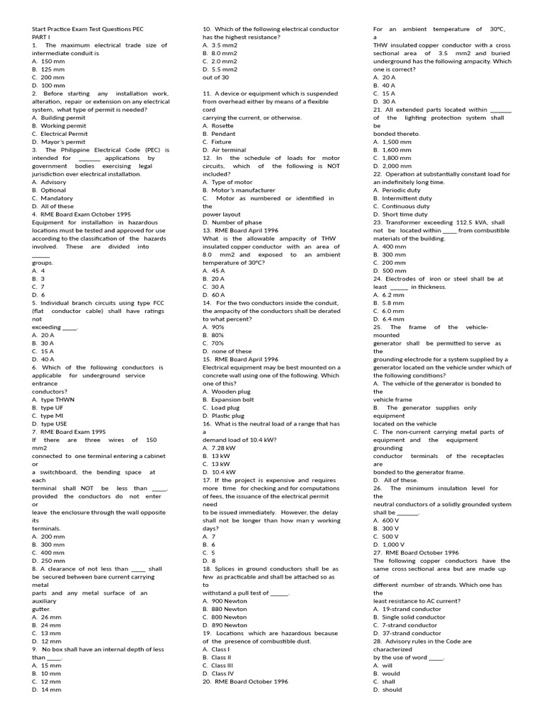 Start Practice Exam Test Questions PEC | PDF | Electrical Wiring ...