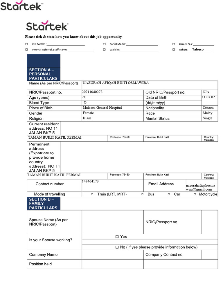 Startek Application Form 2 | PDF | Employment | Information